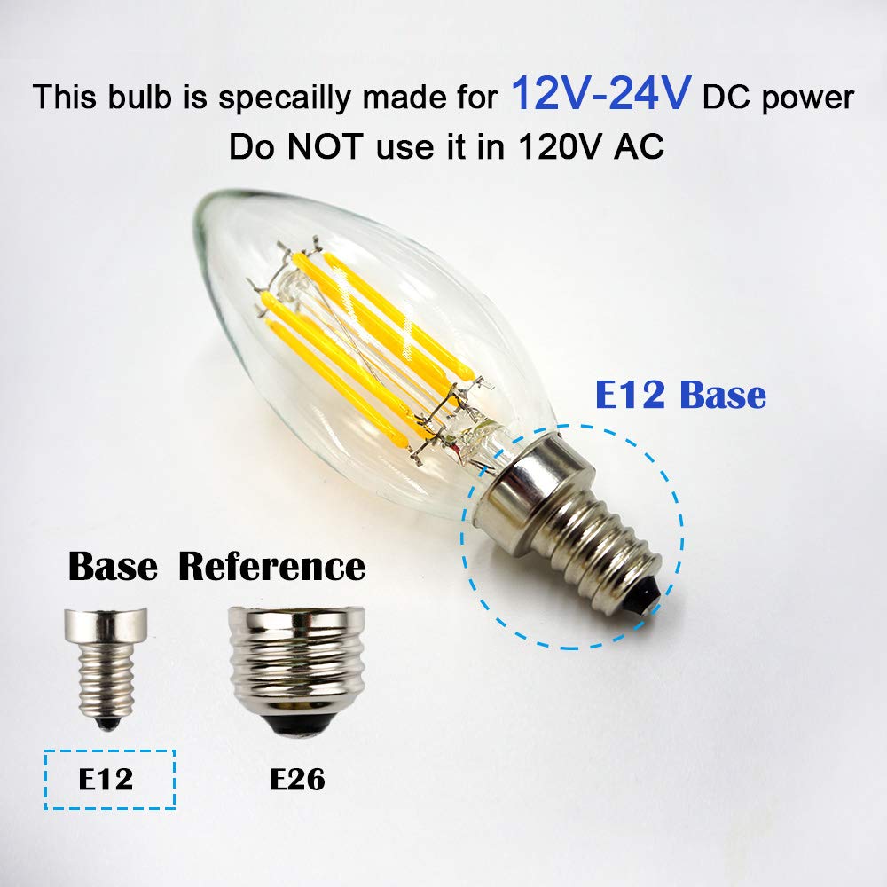 OPALRAY LED Candelabra Bulb, DC 12V 24V, Dimmable with DC Dimmer, 6W 600Lm, Warm White Light, E12 Small Base, 60W Incandescent Equivalent, 12V Power Supply, Clear Glass Torpedo Tip, 3-Pack