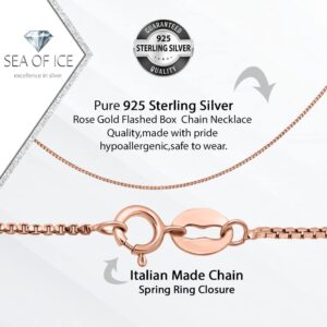 SEA OF ICE Chain Necklace 925 Sterling Silver with Rose Gold Chain & Ring Clasp Closure, Italian Box Necklace Chain Necklace for Women & Men, Rose Gold Necklace, 18"