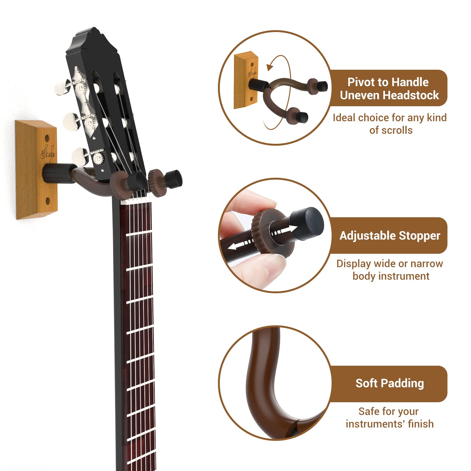 Ohuhu Guitar Wall Mount Hanger, 4-Pack Rotatable Hardwood Guitar Hangers with Screws, Adjustable Stopper Guitar Mount Hook Holder Stand for Acoustic Electric Guitar Banjo Bass Ukulele Mandolin (Wood)