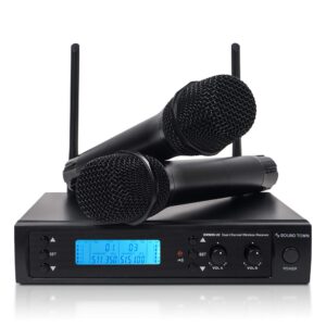 sound town 200-channel professional uhf wireless microphone system with 2 handheld microphones, for church, business meeting, outdoor wedding and karaoke