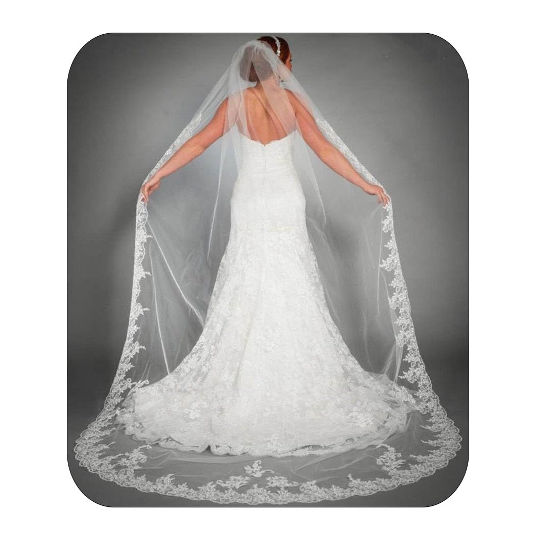 Yalice Catherdal Wedding Veils for Brides Long Bridal Veil 1 Tier Veils Floral Lace Soft Tulle Veils with Comb 118''(Ivory)