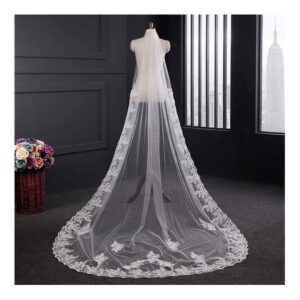 Yalice Catherdal Wedding Veils for Brides Long Bridal Veil 1 Tier Veils Floral Lace Soft Tulle Veils with Comb 118''(Ivory)