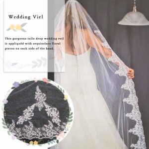 Yalice Catherdal Wedding Veils for Brides Long Bridal Veil 1 Tier Veils Floral Lace Soft Tulle Veils with Comb 118''(Ivory)