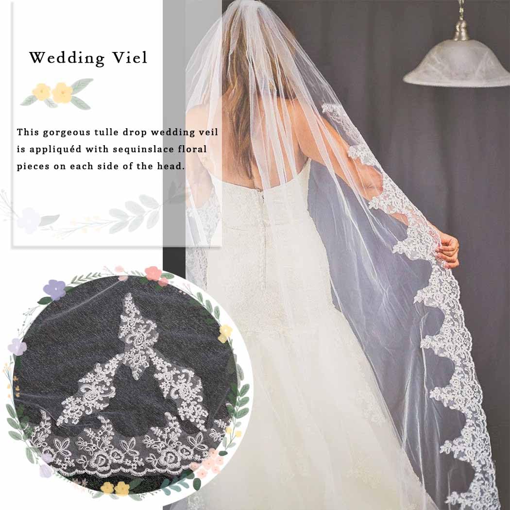 Yalice Catherdal Wedding Veils for Brides Long Bridal Veil 1 Tier Veils Floral Lace Soft Tulle Veils with Comb 118''(Ivory)