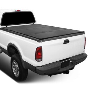 auto dynasty [new upgrade model] frp hard solid tri-fold adjustable truck tonneau cover compatible with ford f250 f350 f450 super duty dually 6.8ft fleetside beds 1999-2016, black powdercoated