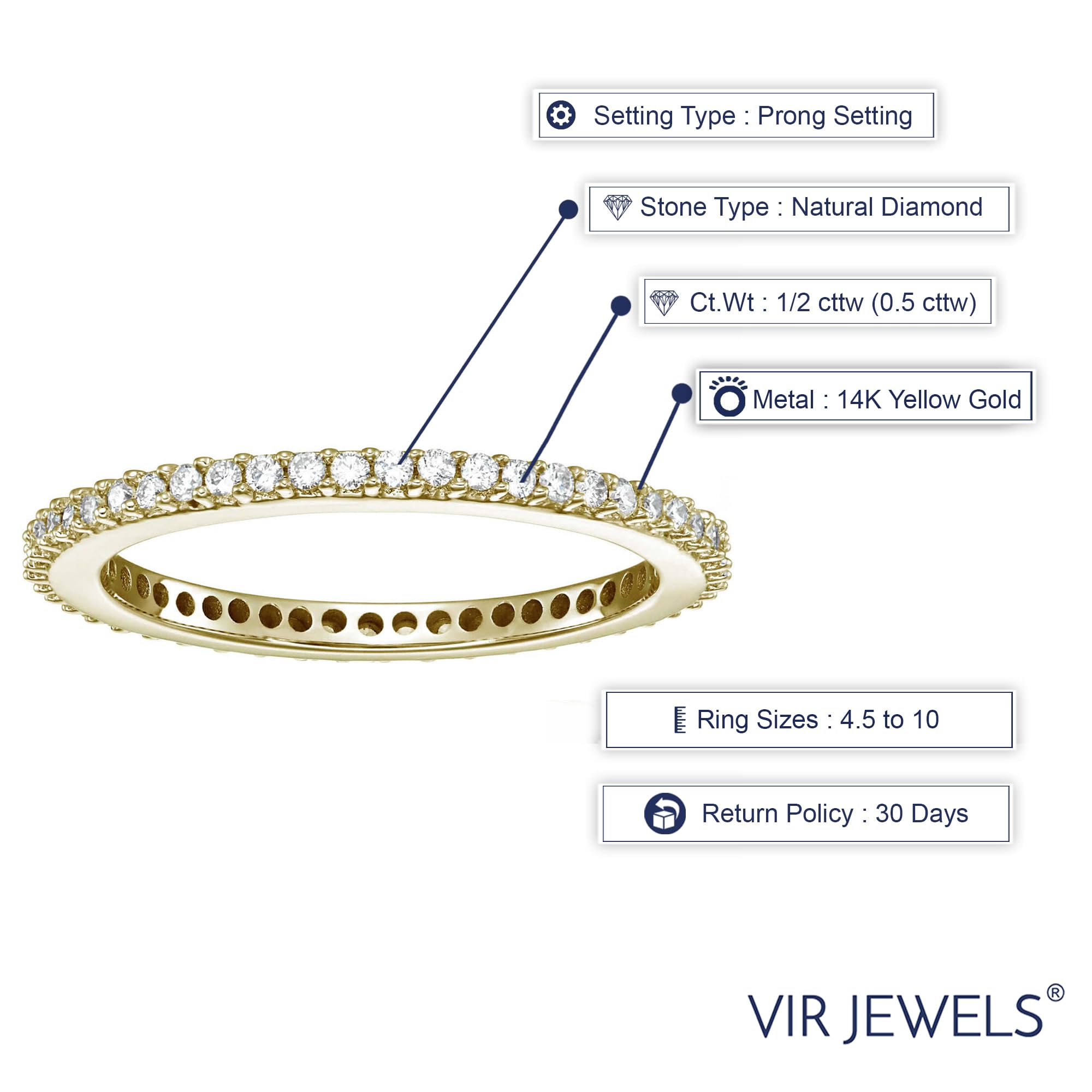 VIR JEWELS 1/2 cttw Diamond Eternity Ring for Women, Wedding Band in 14K Yellow Gold Prong Set, Size 10