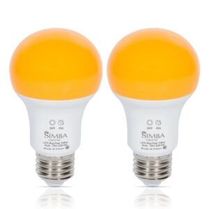 simba lighting bug non-attracting yellow led bulb 6w 40w equivalent, great for outdoor porch light, night light, dusk-to-dawn smart sensor auto on/off, amber warm 2000k, a19 e26 medium base, pack of 2