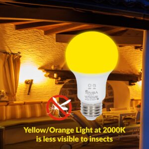 Simba Lighting Bug Non-Attracting Yellow LED Bulb 6W 40W Equivalent, Great for Outdoor Porch Light, Night Light, Dusk-to-Dawn Smart Sensor Auto On/Off, Amber Warm 2000K, A19 E26 Medium Base, Pack of 2