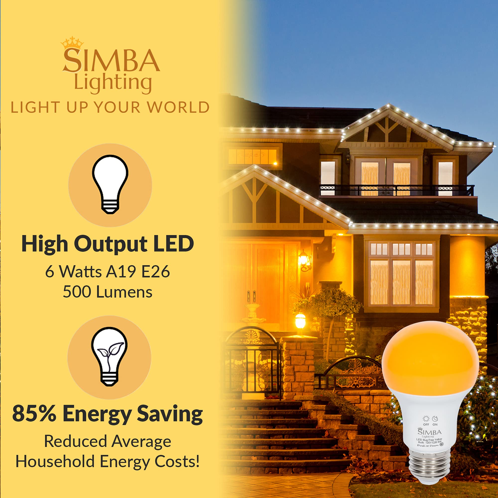 Simba Lighting Bug Non-Attracting Yellow LED Bulb 6W 40W Equivalent, Great for Outdoor Porch Light, Night Light, Dusk-to-Dawn Smart Sensor Auto On/Off, Amber Warm 2000K, A19 E26 Medium Base, Pack of 2