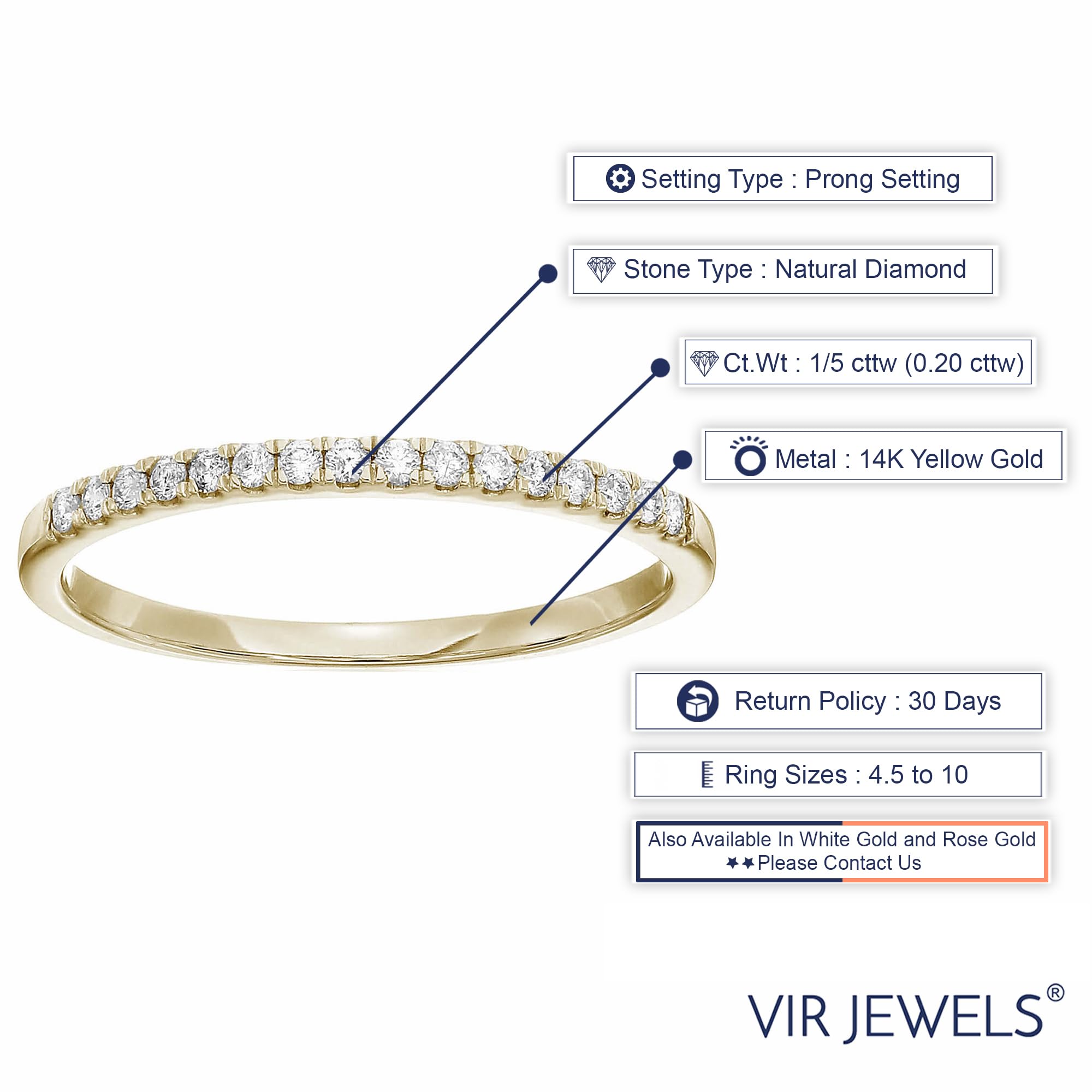 Vir Jewels 1/5 cttw Pave Round Diamond Wedding Band for Women in 14K Yellow Gold Prong Set, Size 6.5