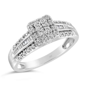 brilliant expressions 10k white gold 1/5 cttw conflict free diamond square halo and baguette channel band engagement ring (i-j color, i2-i3 clarity), size 7