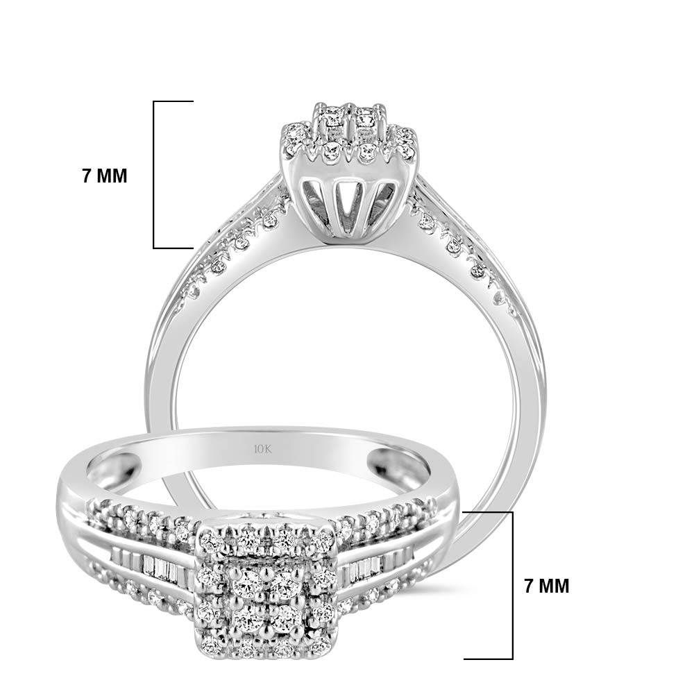 Brilliant Expressions 10K White Gold 1/5 Cttw Conflict Free Diamond Square Halo and Baguette Channel Band Engagement Ring (I-J Color, I2-I3 Clarity), Size 7