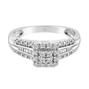 Brilliant Expressions 10K White Gold 1/5 Cttw Conflict Free Diamond Square Halo and Baguette Channel Band Engagement Ring (I-J Color, I2-I3 Clarity), Size 7