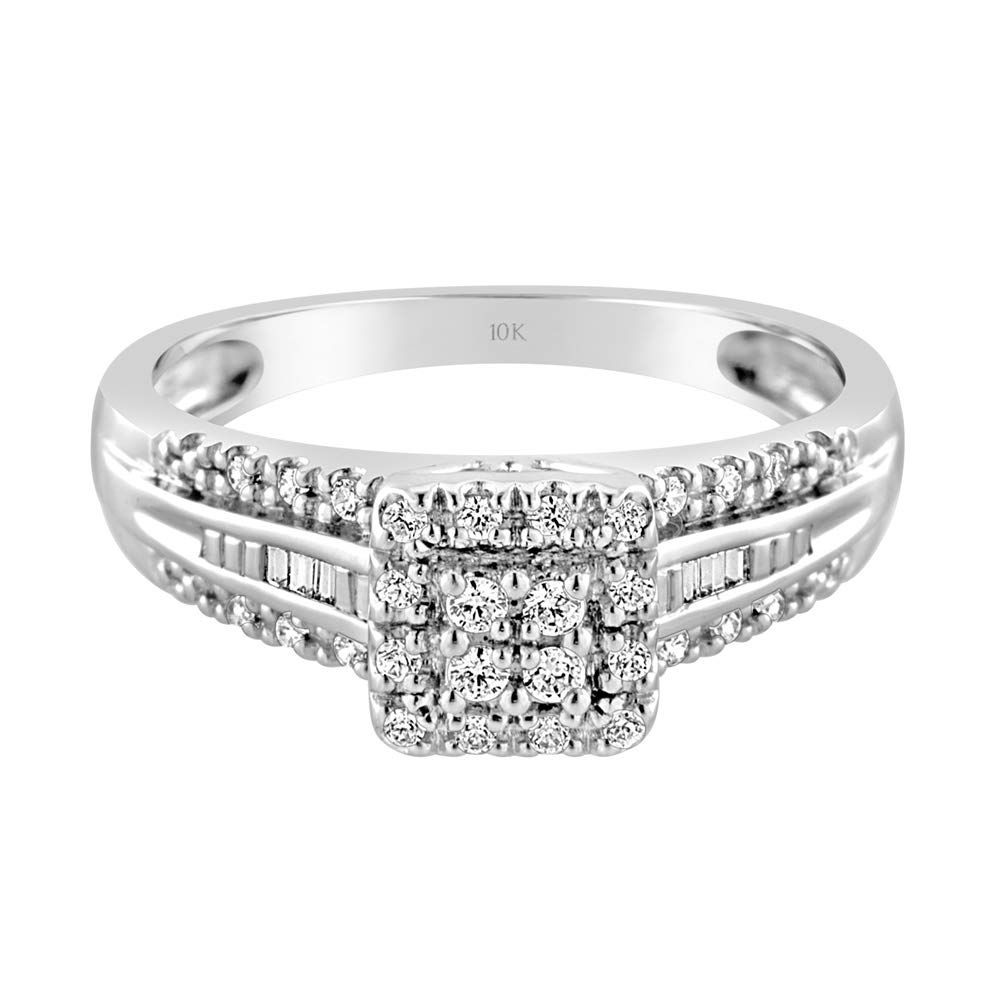 Brilliant Expressions 10K White Gold 1/5 Cttw Conflict Free Diamond Square Halo and Baguette Channel Band Engagement Ring (I-J Color, I2-I3 Clarity), Size 7