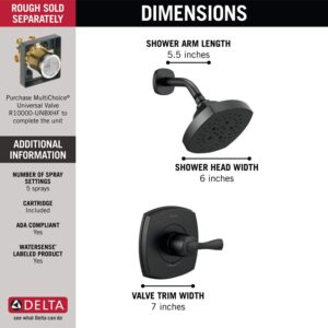 Delta Faucet Stryke 14 Series Single-Function Shower Faucet Set, Single-Spray H2Okinetic Shower Head, Black Shower Faucet, Delta Shower Trim Kit, Matte Black T14276-BL (Valve Not Included)