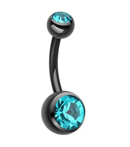 covet jewelry colorline double gem ball steel belly button ring (size: 16ga, length: 10mm, ball size: 4x6mm, black/teal)