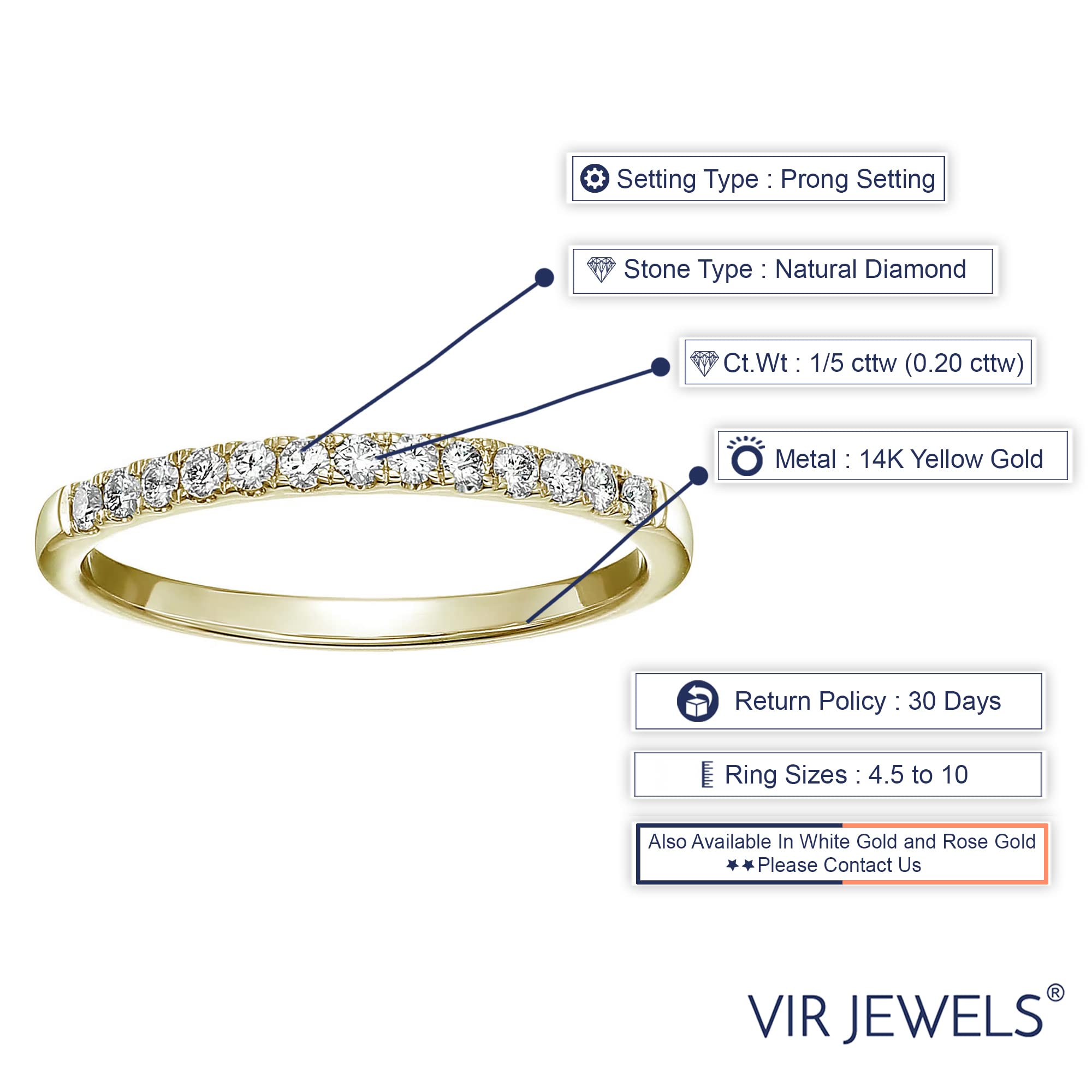 Vir Jewels 1/5 carat (ctw) Diamond Wedding Anniversary Band for Women, Half Eternity Round Diamond Engagement Ring 14K Yellow Gold Prong Pave Set 0.20 cttw, Size 4.5