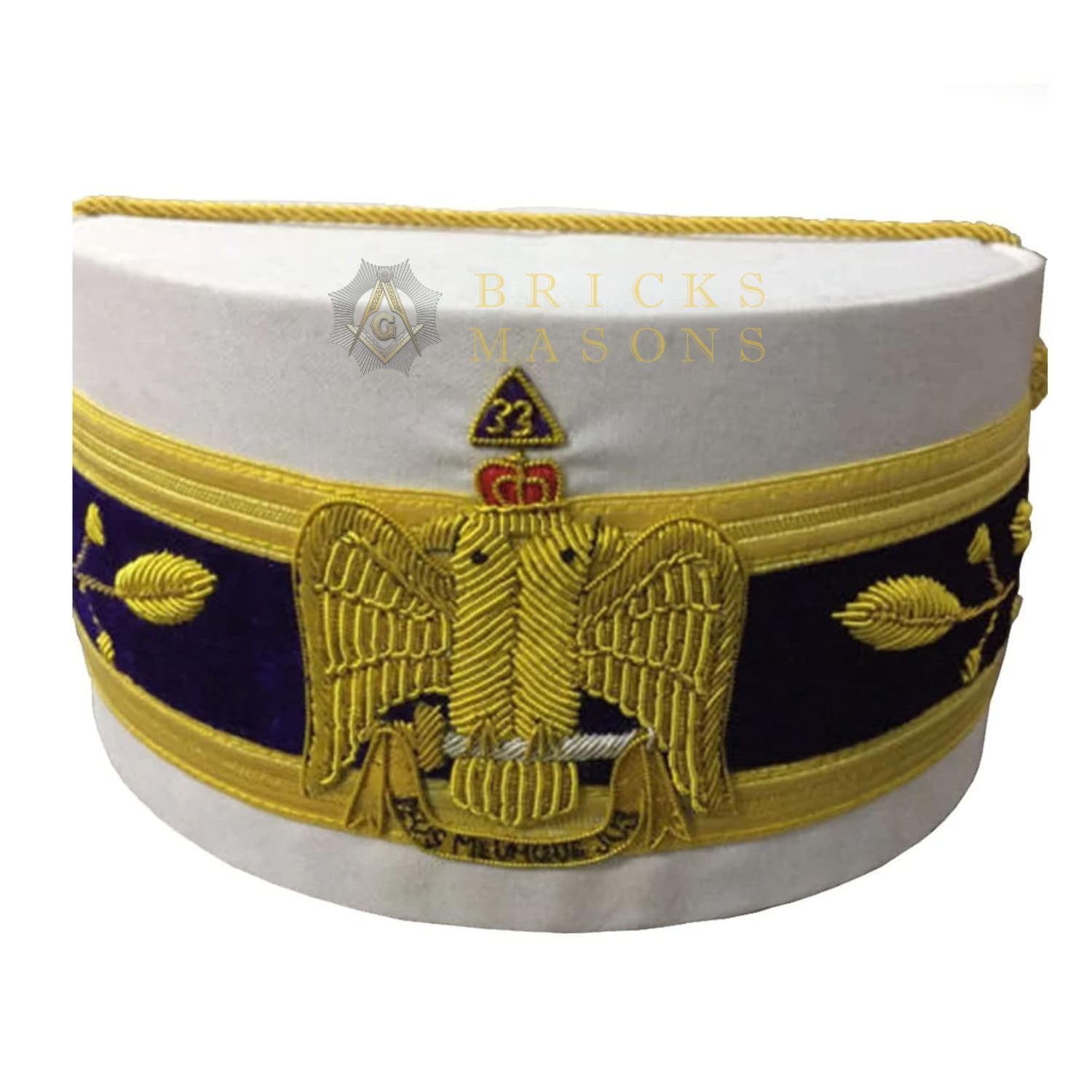 33rd Degree Scottish Rite Crown Cap - Wings Down White Hand Embroidered