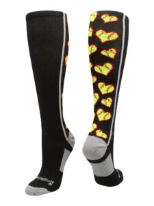 madsportsstuff love softball socks with hearts over the calf (black/grey, medium)