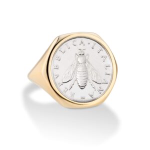 miabella 18k gold over sterling silver genuine italian 2-lira bee coin retro signet ring for women (7)