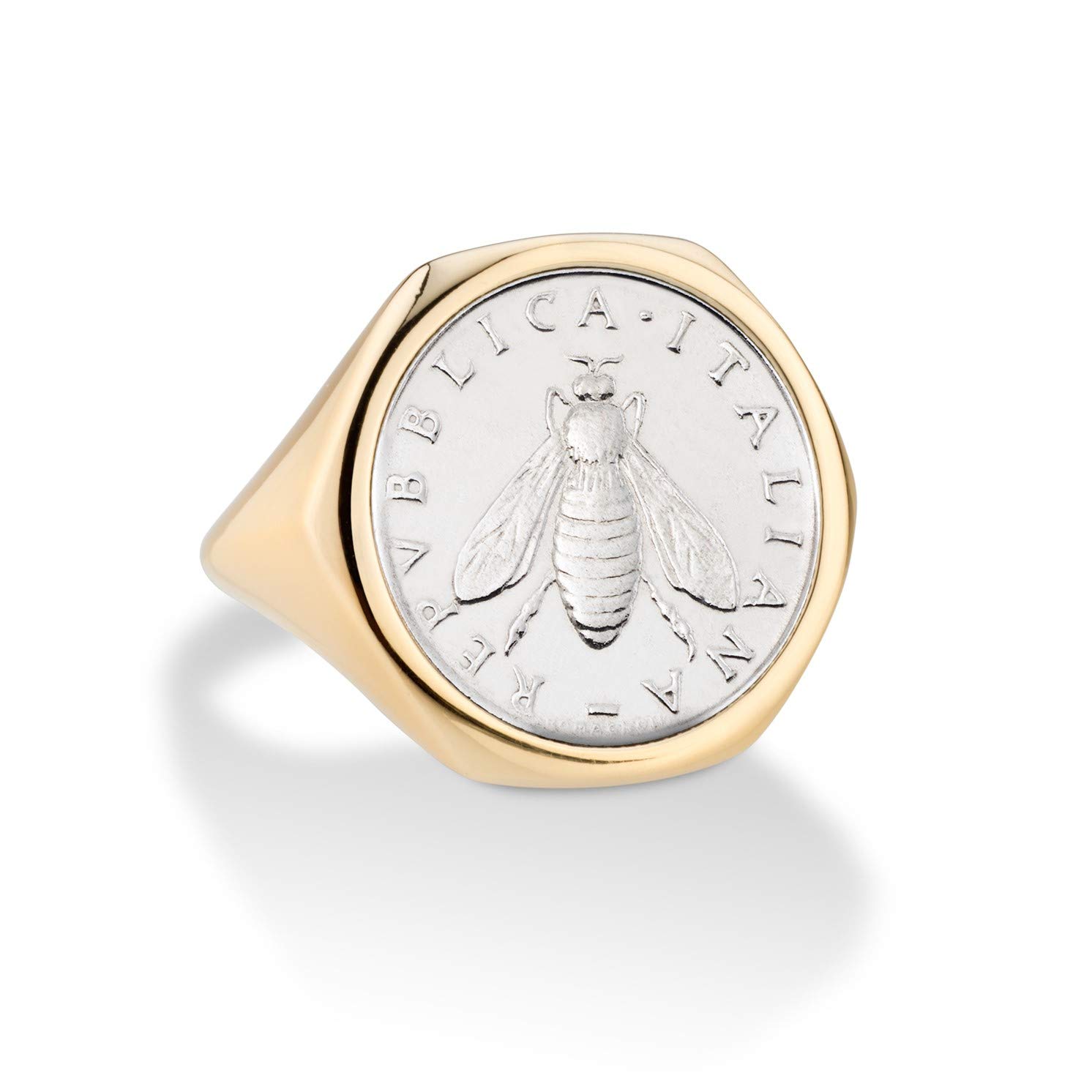 Miabella 18K Gold Over Sterling Silver Genuine Italian 2-Lira Bee Coin Retro Signet Ring for Women (7)