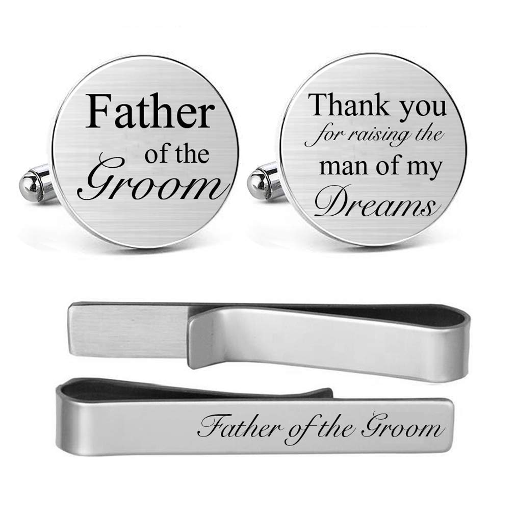 MUEEU Cufflinks for Man Father of the Groom Cufflinks Custom Wedding Cuff Links Handmade Personalized Gifts For Father (Round Father of the groom cufflinks & Tie clip)