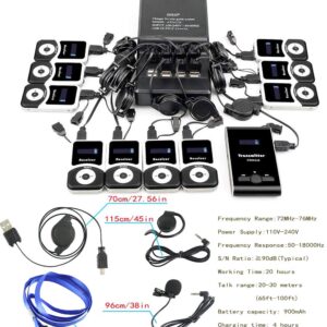 EXMAX® EX-100 Wireless Tour Guide System Microphone Earphone Assisted Listening for Church Translation Private Silent Conference Travel City Tour (1 Transmitter 10 Receivers 16-port USB Charging Base)