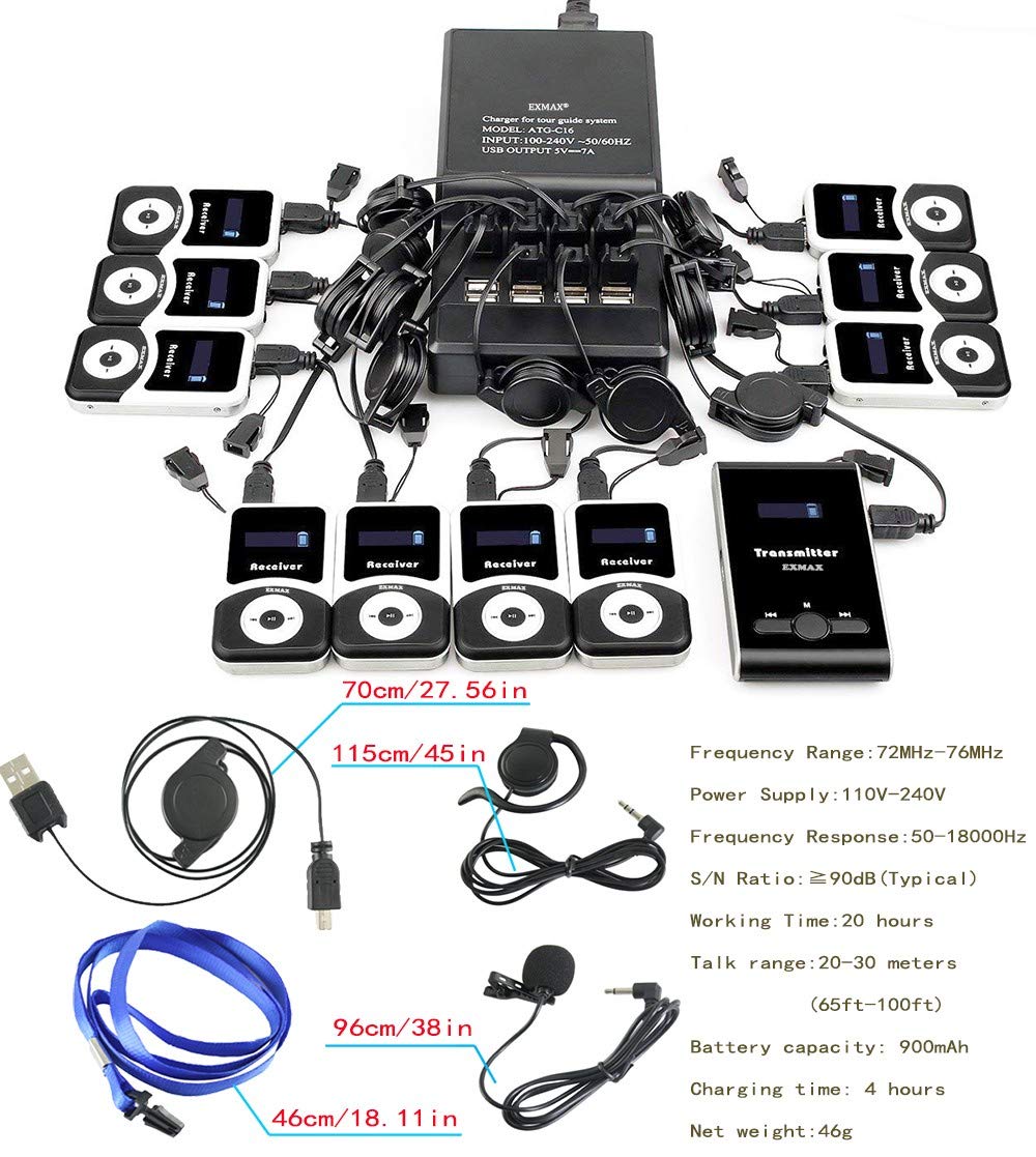 EXMAX® EX-100 Wireless Tour Guide System Microphone Earphone Assisted Listening for Church Translation Private Silent Conference Travel City Tour (1 Transmitter 10 Receivers 16-port USB Charging Base)