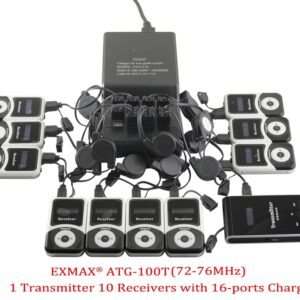 EXMAX® EX-100 Wireless Tour Guide System Microphone Earphone Assisted Listening for Church Translation Private Silent Conference Travel City Tour (1 Transmitter 10 Receivers 16-port USB Charging Base)