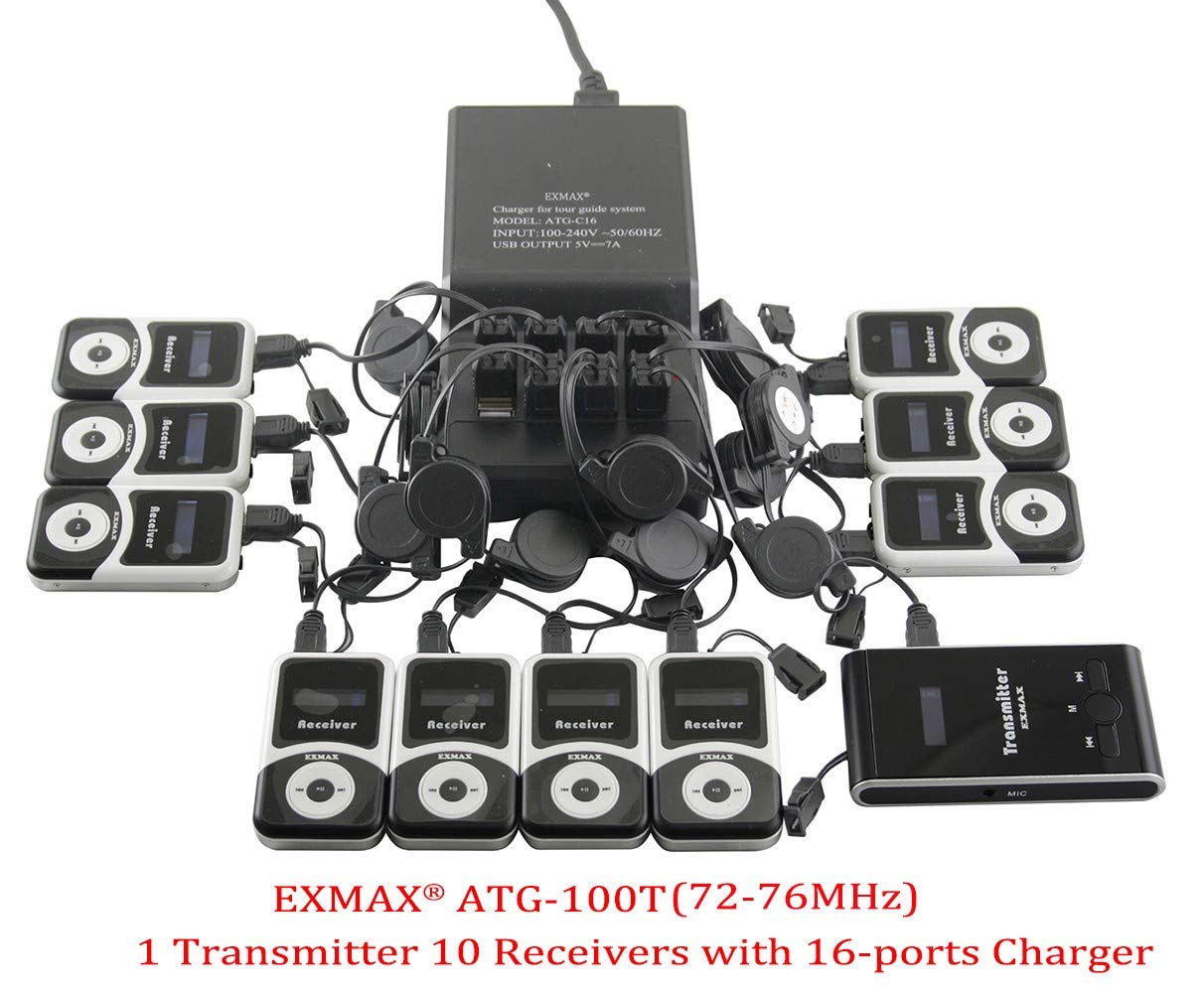 EXMAX® EX-100 Wireless Tour Guide System Microphone Earphone Assisted Listening for Church Translation Private Silent Conference Travel City Tour (1 Transmitter 10 Receivers 16-port USB Charging Base)