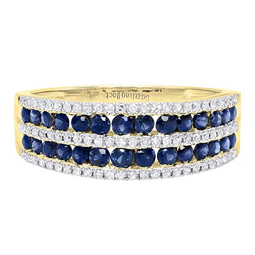 Dazzlingrock Collection Round Graduating Blue Sapphire with White Diamond Alternating Row Wedding Band for Women in 14K Yellow Gold Size 9