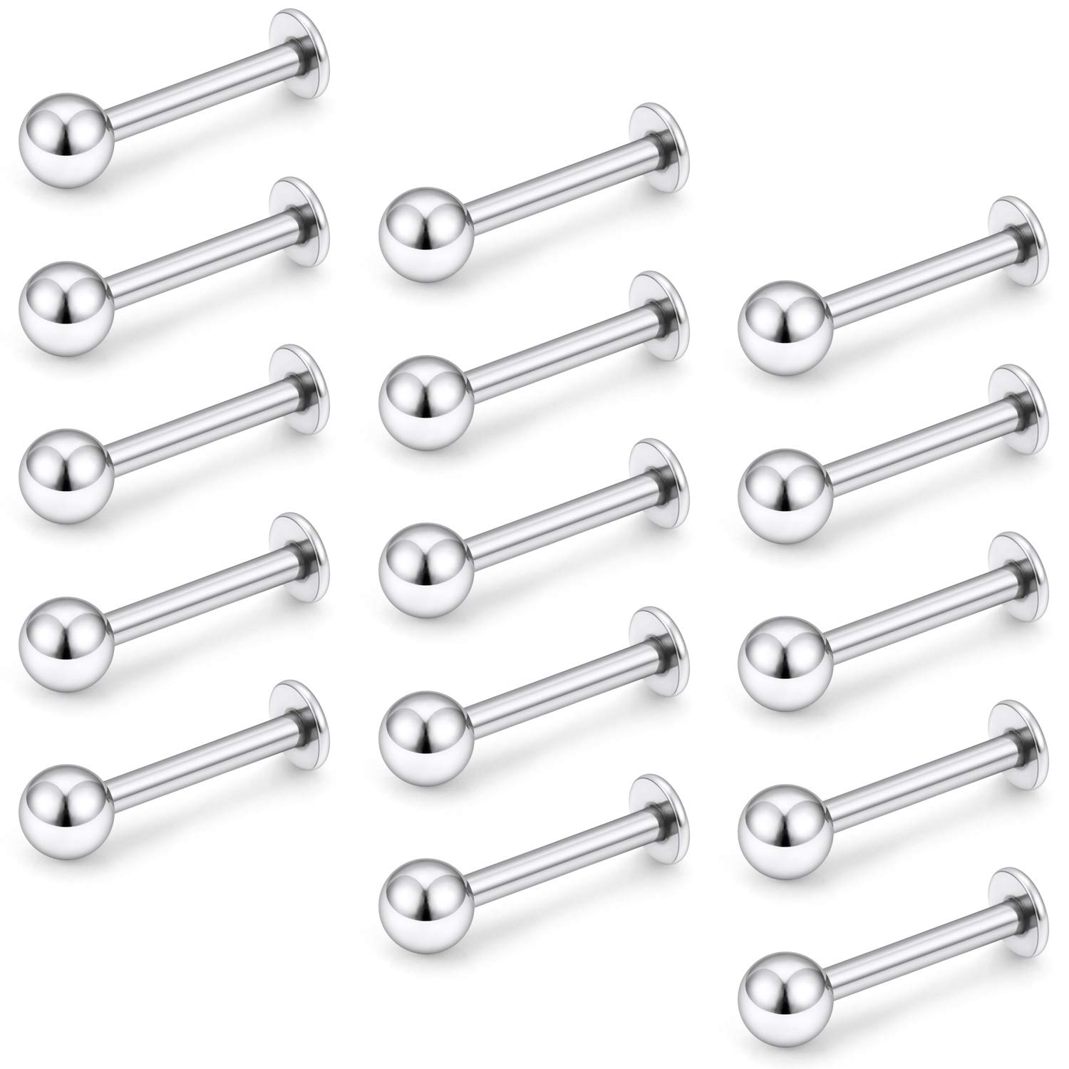 Dyknasz 15PCS 14G Surgical Steel Labret Monroe Lip Ring Studs Cartilage Tragus Helix Conch Earring Stud Barbell Piercing Jewelry for Women 8mm Silvertone