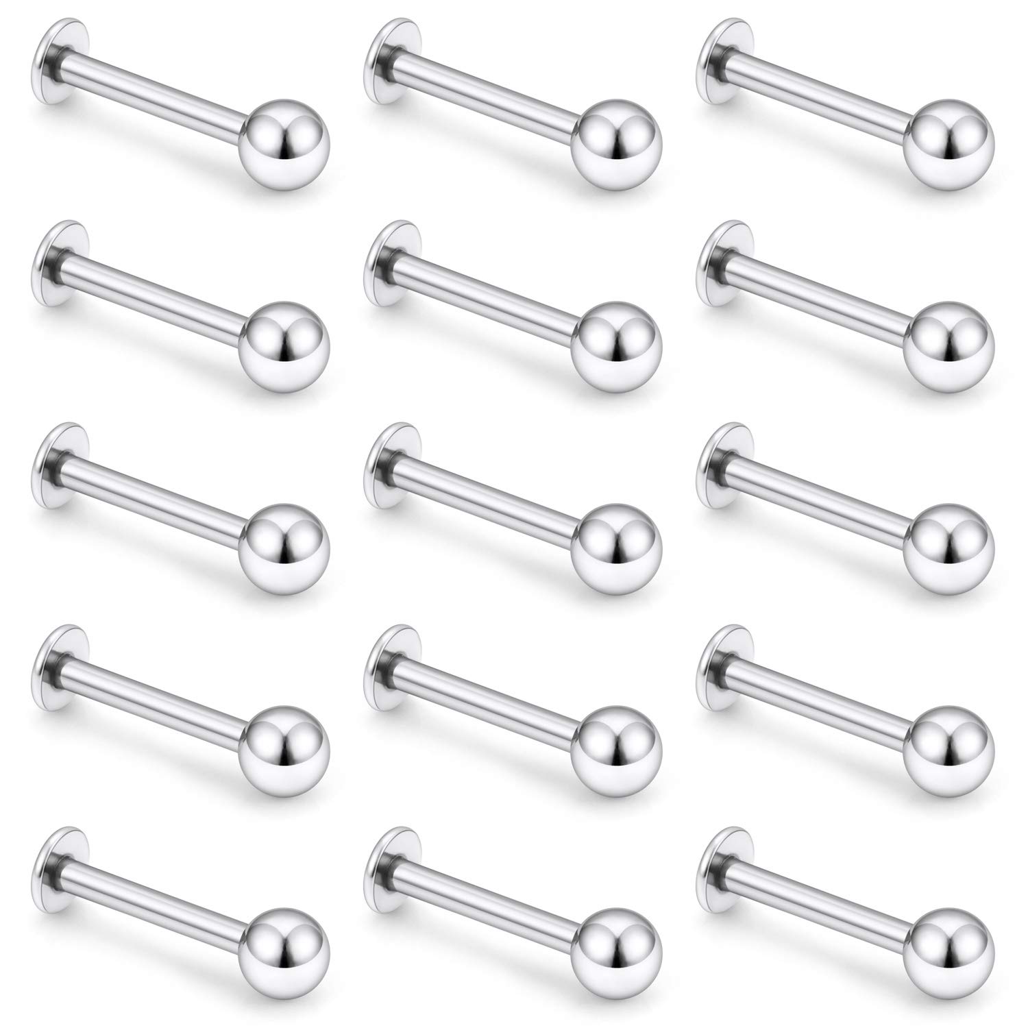 Dyknasz 15PCS 14G Surgical Steel Labret Monroe Lip Ring Studs Cartilage Tragus Helix Conch Earring Stud Barbell Piercing Jewelry for Women 8mm Silvertone