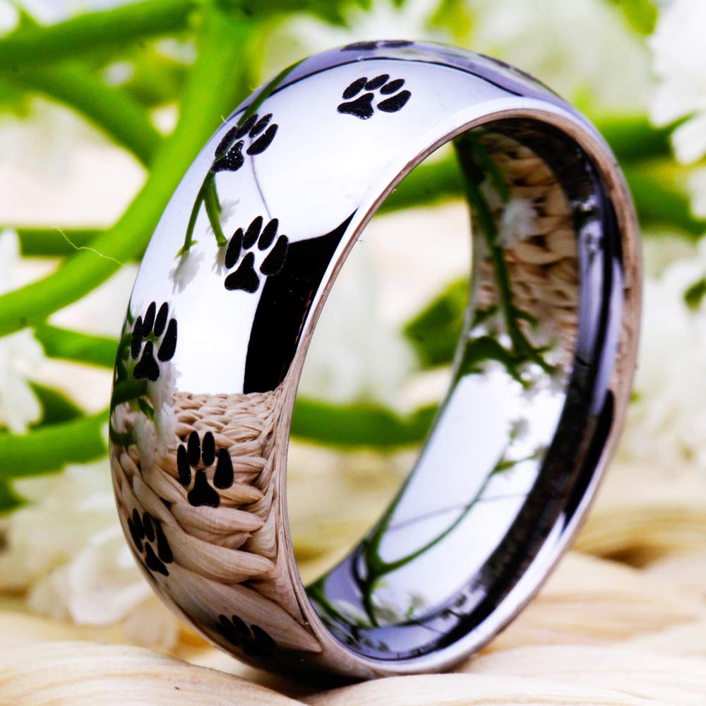 CLOUD DANCER Tungsten Carbide Wedding Ring 8mm Silver/Black/Blue Dome Dog Paw Print Design, Comfort Fit (Sliver, 11)