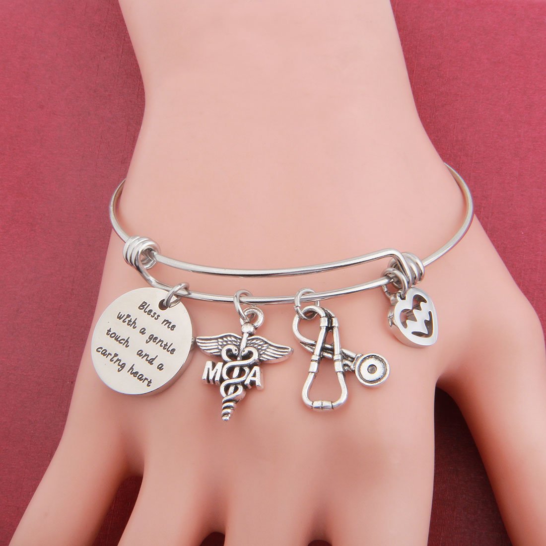 bobauna Medical Assistant Bracelet with MA Caduceus Stethoscope Heartbeat Charms Gift for Nurse Medical Assistant Bless Me With A Gentle Touch And A Caring Heart (medical assistant bracelet)