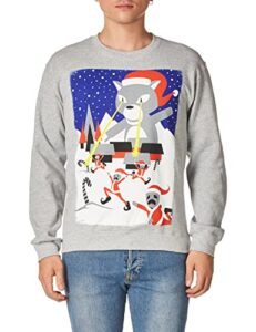 hybrid apparel men's ugly christmas crew sweatshirt, cat attack/heather grey, medium