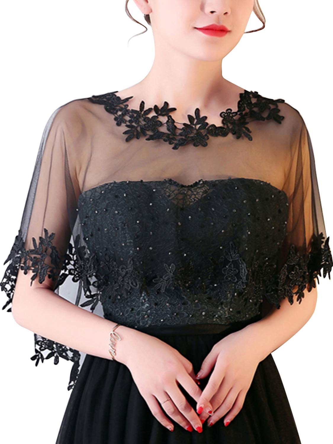 MisShow Women's Lace Appliques Shawls Wedding Bridal Cape Shoulder Covers Bolero,Black