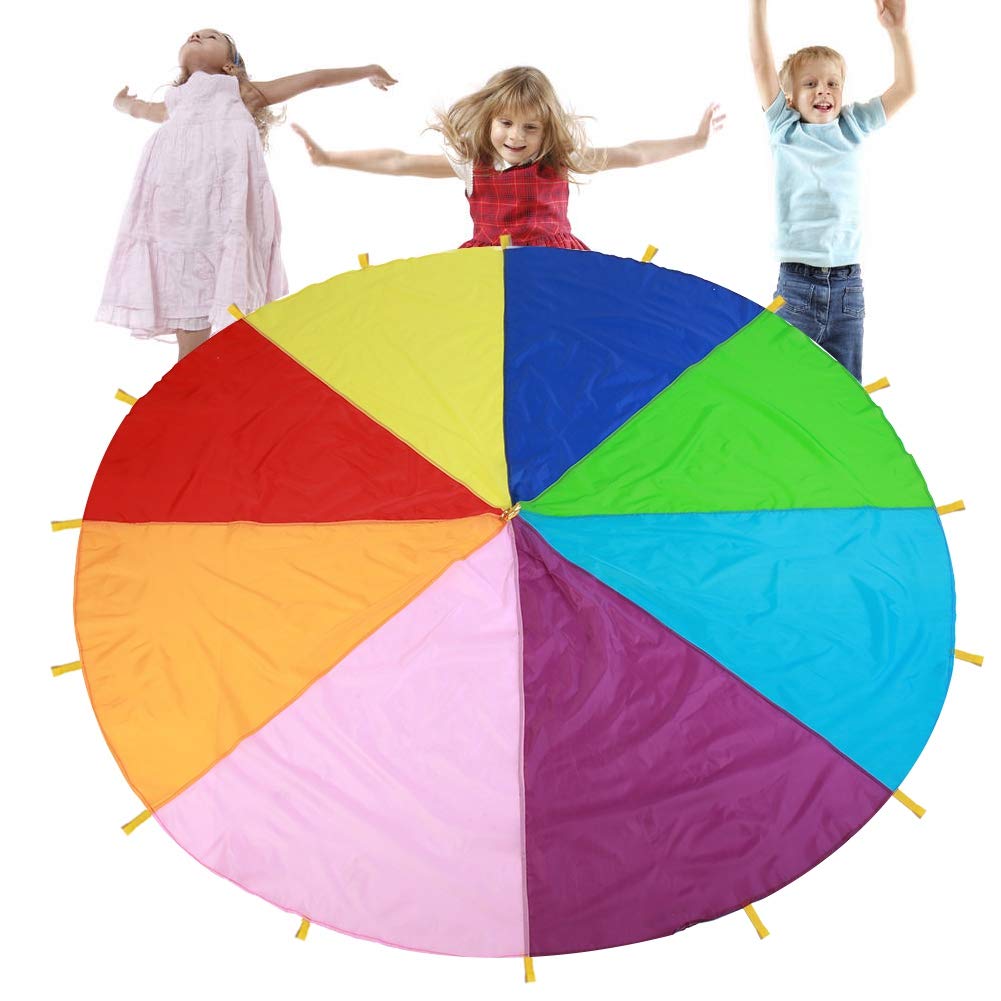 Kids Parachute Giant Multicolored Kids Play Parachute Canopy with 16 Handles Indoor & Outdoor Games and Exercise Toy Promote Teamwork Fitness Social Bonding(3.6m/142in)