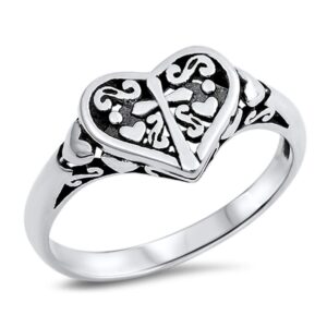 filigree heart cross oxidized purity ring .925 sterling silver band size 8