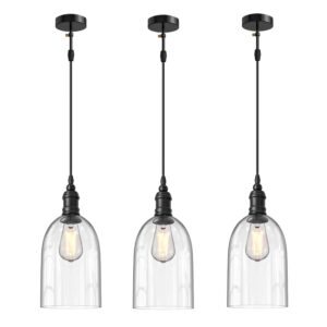 winsoon mini pendant lights, single hanging ceiling light fixture clear glass for kitchen island, adjustable ul listed 59 inch cord, e26/e27 base(40w max.), vintage oval shape, black,3 pac