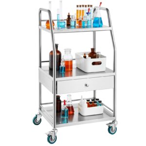 vevor utility cart with 3 shelves shelf stainless steel with wheels rolling cart commercial wheel dental lab cart utility services (3 shelves/ 1 drawer)