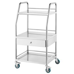 VEVOR Utility Cart with 3 Shelves Shelf Stainless Steel with Wheels Rolling Cart Commercial Wheel Dental Lab Cart Utility Services (3 Shelves/ 1 Drawer)