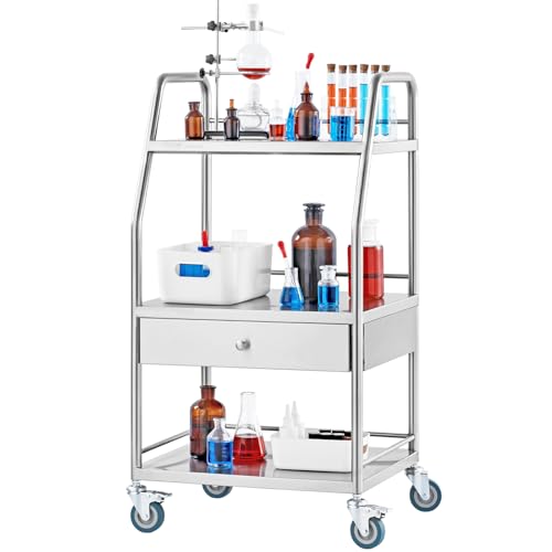 VEVOR Utility Cart with 3 Shelves Shelf Stainless Steel with Wheels Rolling Cart Commercial Wheel Dental Lab Cart Utility Services (3 Shelves/ 1 Drawer)