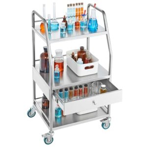 VEVOR Utility Cart with 3 Shelves Shelf Stainless Steel with Wheels Rolling Cart Commercial Wheel Dental Lab Cart Utility Services (3 Shelves/ 1 Drawer)