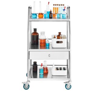 VEVOR Utility Cart with 3 Shelves Shelf Stainless Steel with Wheels Rolling Cart Commercial Wheel Dental Lab Cart Utility Services (3 Shelves/ 1 Drawer)