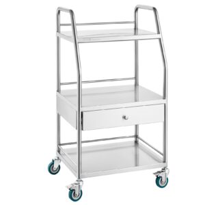 VEVOR Utility Cart with 3 Shelves Shelf Stainless Steel with Wheels Rolling Cart Commercial Wheel Dental Lab Cart Utility Services (3 Shelves/ 1 Drawer)