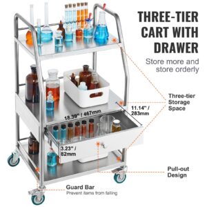 VEVOR Utility Cart with 3 Shelves Shelf Stainless Steel with Wheels Rolling Cart Commercial Wheel Dental Lab Cart Utility Services (3 Shelves/ 1 Drawer)