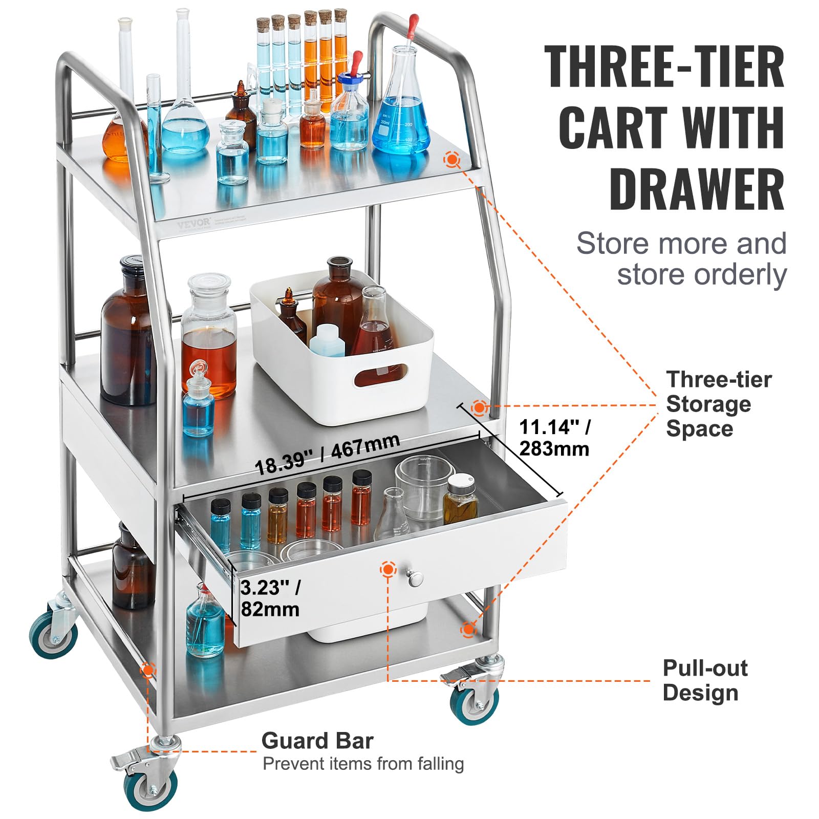 VEVOR Utility Cart with 3 Shelves Shelf Stainless Steel with Wheels Rolling Cart Commercial Wheel Dental Lab Cart Utility Services (3 Shelves/ 1 Drawer)