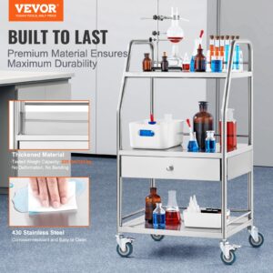 VEVOR Utility Cart with 3 Shelves Shelf Stainless Steel with Wheels Rolling Cart Commercial Wheel Dental Lab Cart Utility Services (3 Shelves/ 1 Drawer)