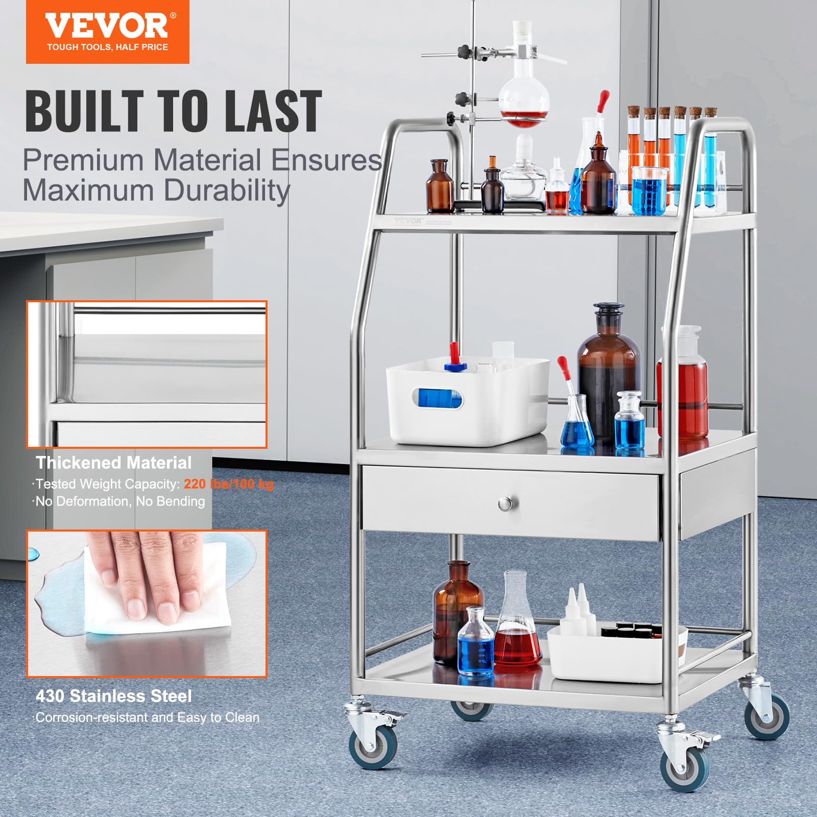 VEVOR Utility Cart with 3 Shelves Shelf Stainless Steel with Wheels Rolling Cart Commercial Wheel Dental Lab Cart Utility Services (3 Shelves/ 1 Drawer)